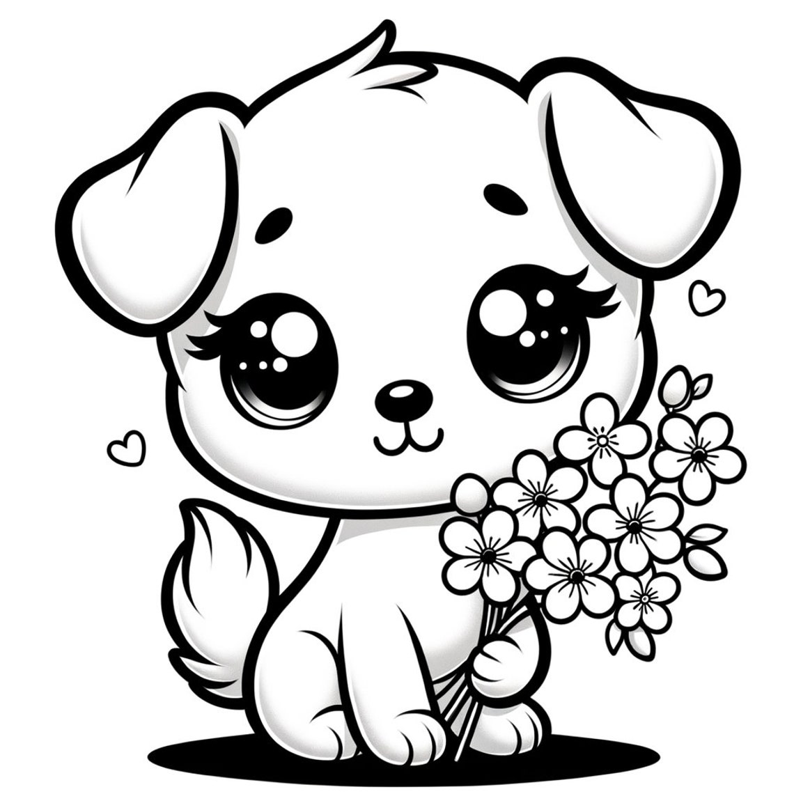 Charming Coloring Book of of a Cute Puppy Holding a Bouquet of Cherry ...