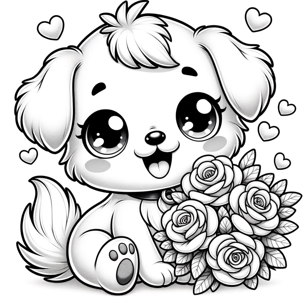 Charming Coloring Book of of a Cute Puppy Holding a Bouquet of Cherry ...