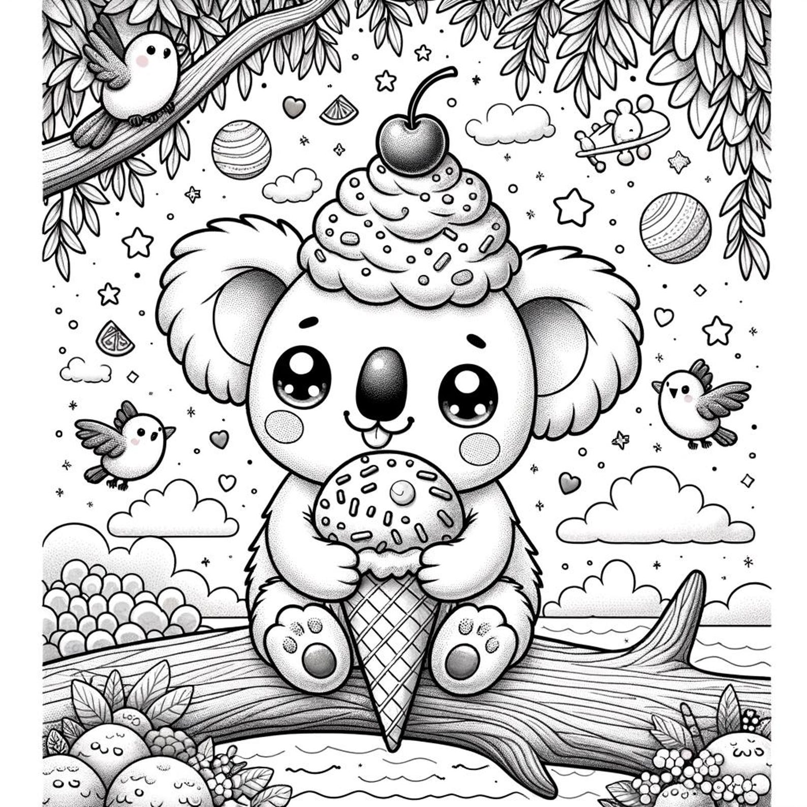 Enchanted Koala's Ice Cream Delight, A Whimsical Printable Coloring ...