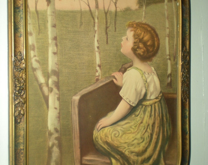 Vintage Print Spring Song 1920'3/30's Little Girl With Robin Framed ...