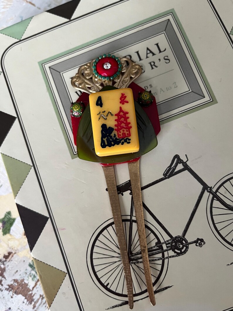 Vintage Bakelite Mah Jong Brass Hair Ornament, Avant Garde, Red and ...