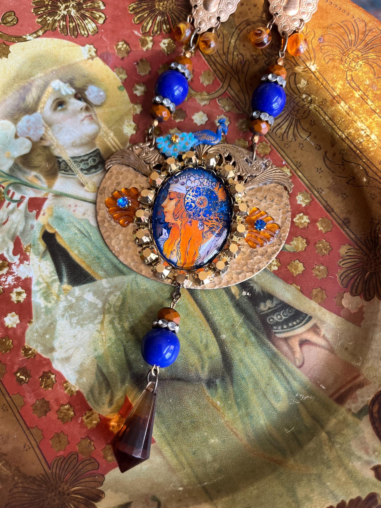 Art Nouveau Mucha Maiden Fair Bib Necklace, Peacock, Topaz, Cobalt ...