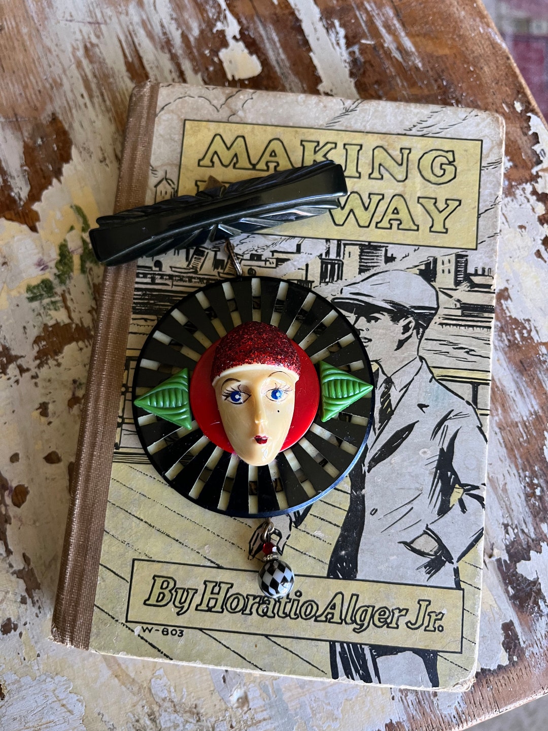 Vintage Flapper Lady Face Assemblage Brooch, Bakelite Bar Brooch ...