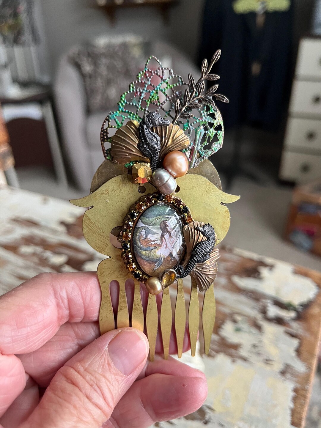 Japanese Mermaid Vintage Brass Fish Comb, Filigree, Seahorse, Ginkgo ...