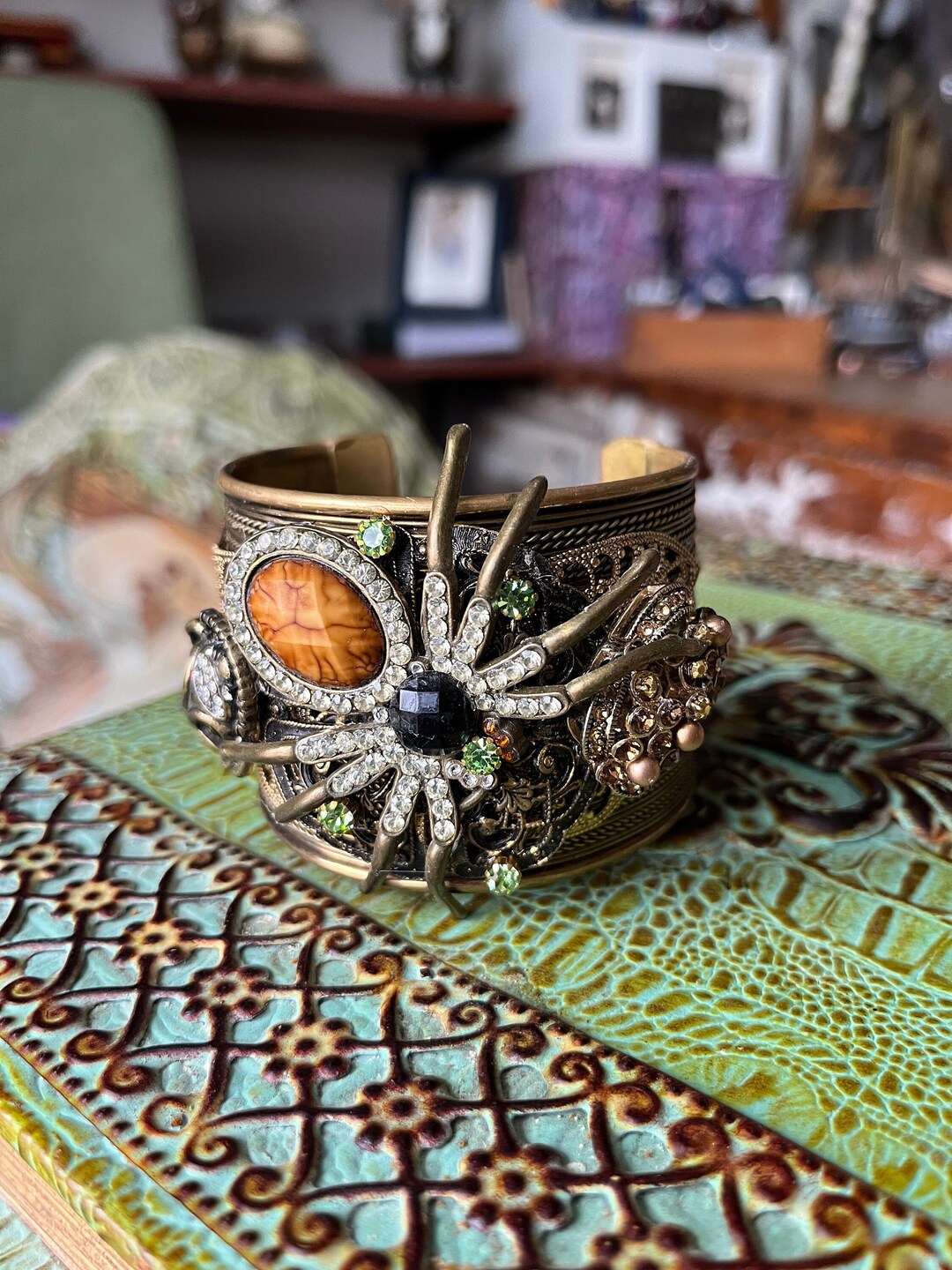 Vintage Art Nouveau Insect Cuff Bracelet, Spider, Beetle, Scarab, Agate ...