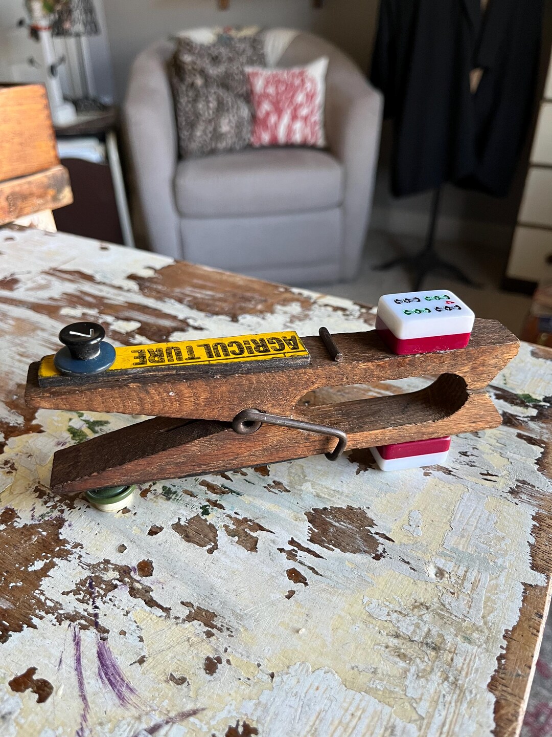Vintage Wooden Clothespin, Mixed Media Assemblage, Bakelite Mahjong ...