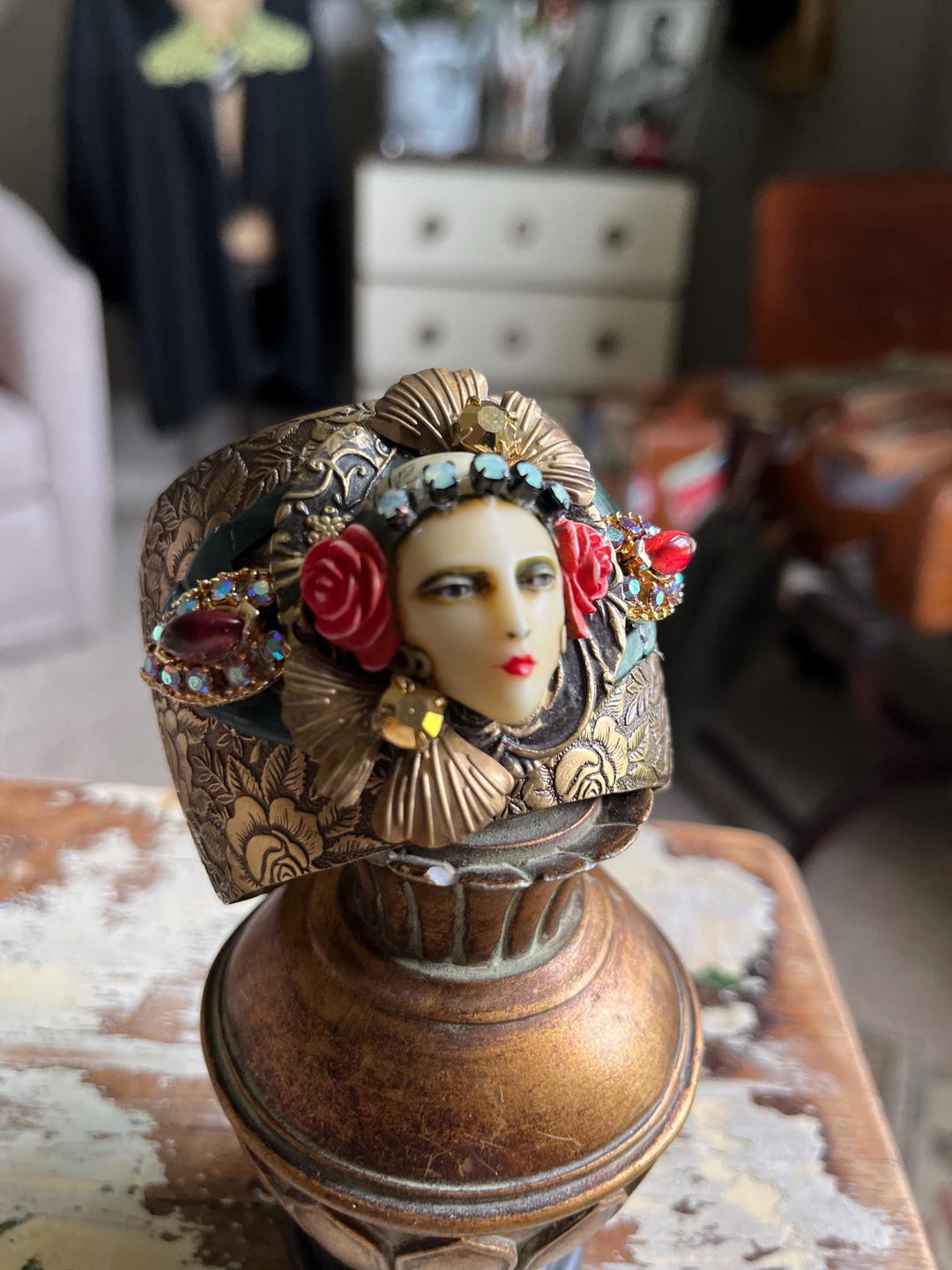 Vintage Art Nouveau Sylvia Massey Face Wide Brass Floral Cuff ...