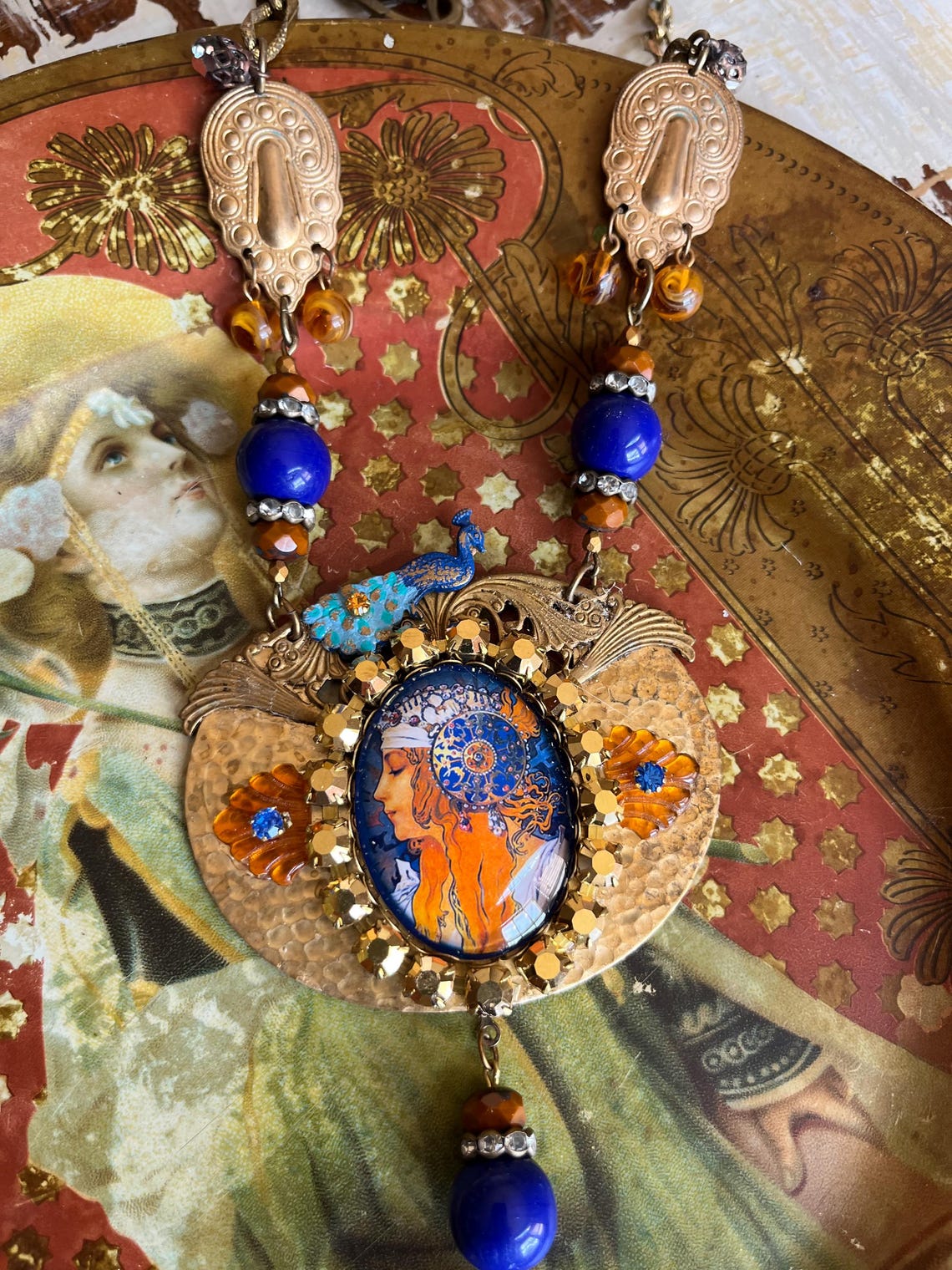Art Nouveau Mucha Maiden Fair Bib Necklace, Peacock, Topaz, Cobalt ...