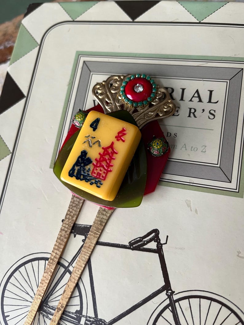 Vintage Bakelite Mah Jong Brass Hair Ornament, Avant Garde, Red and ...