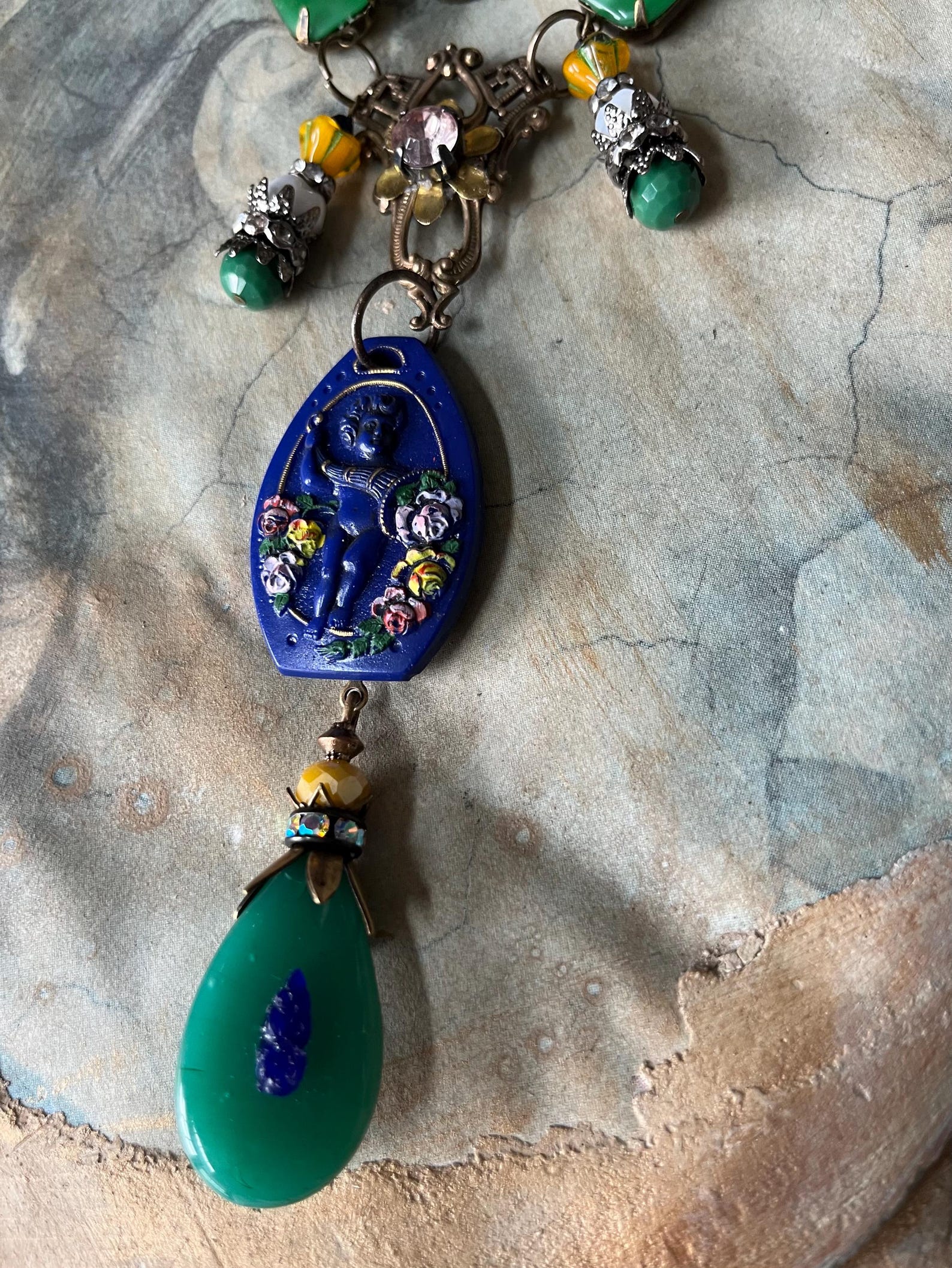 Neo Victorian Cupid Necklace: Cobalt, Teal Green Glass Bead Chain - Etsy