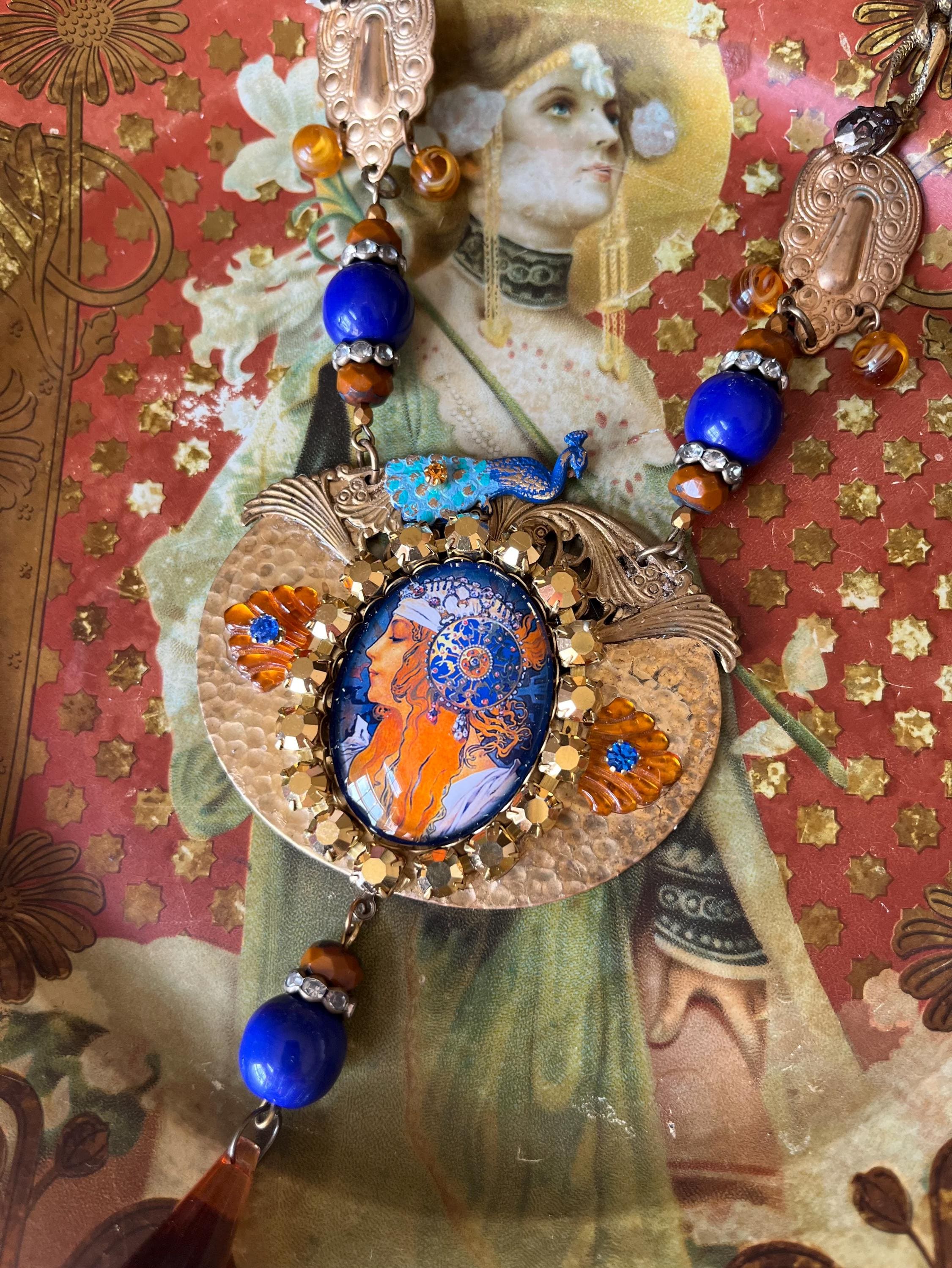 Art Nouveau Mucha Maiden Fair Bib Necklace, Peacock, Topaz, Cobalt ...
