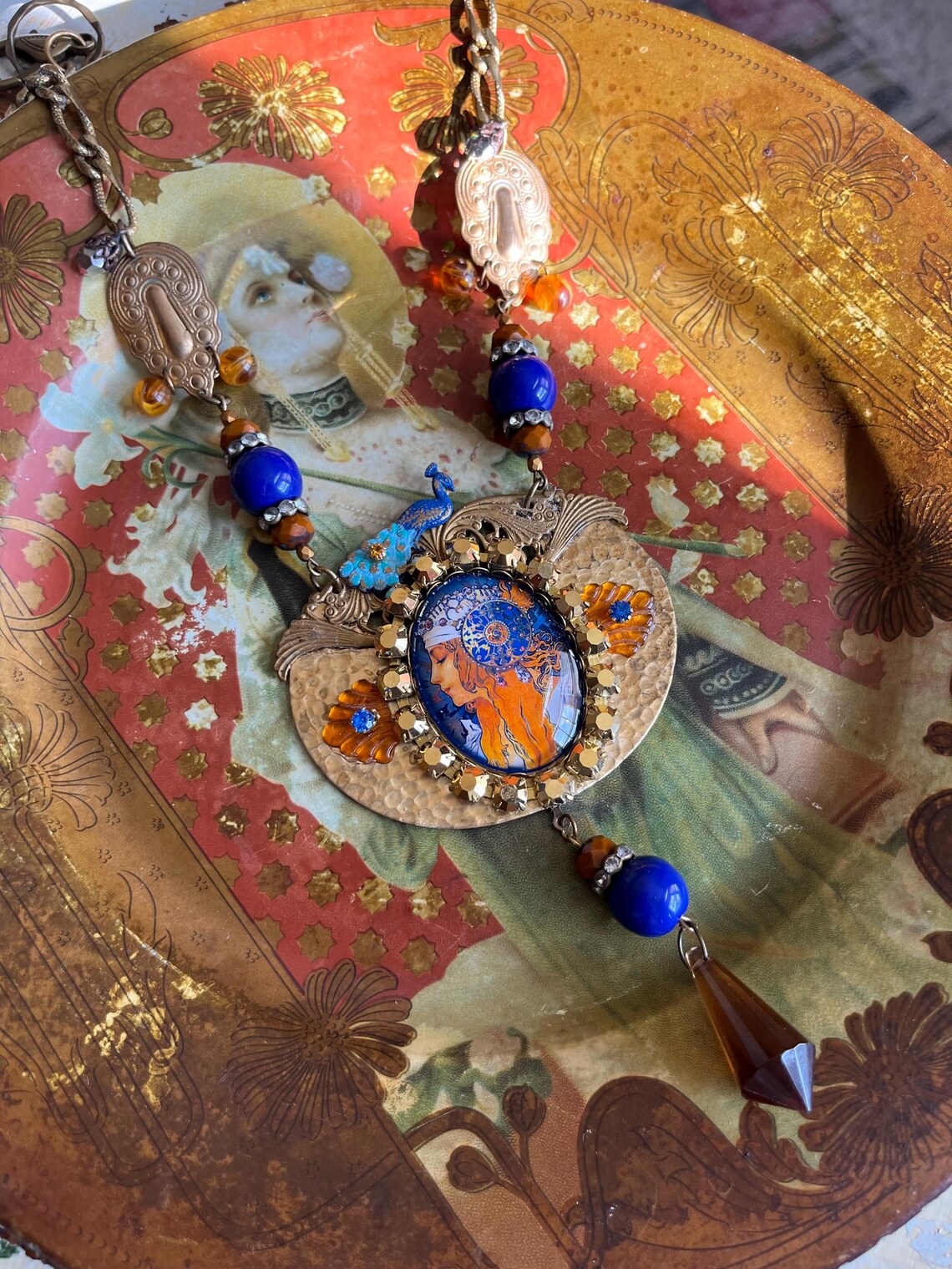 Art Nouveau Mucha Maiden Fair Bib Necklace, Peacock, Topaz, Cobalt ...