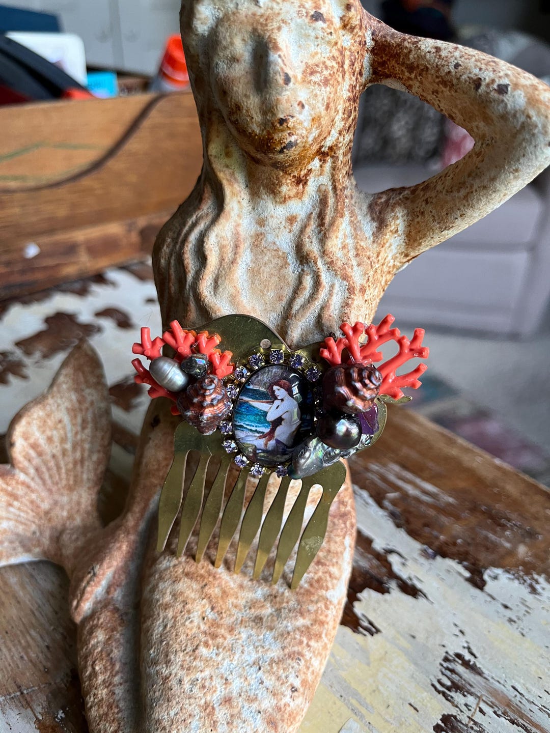 Mermaid Cameo, Vintage Brass Fish Comb, Shell, Branch Coral, Amethyst ...