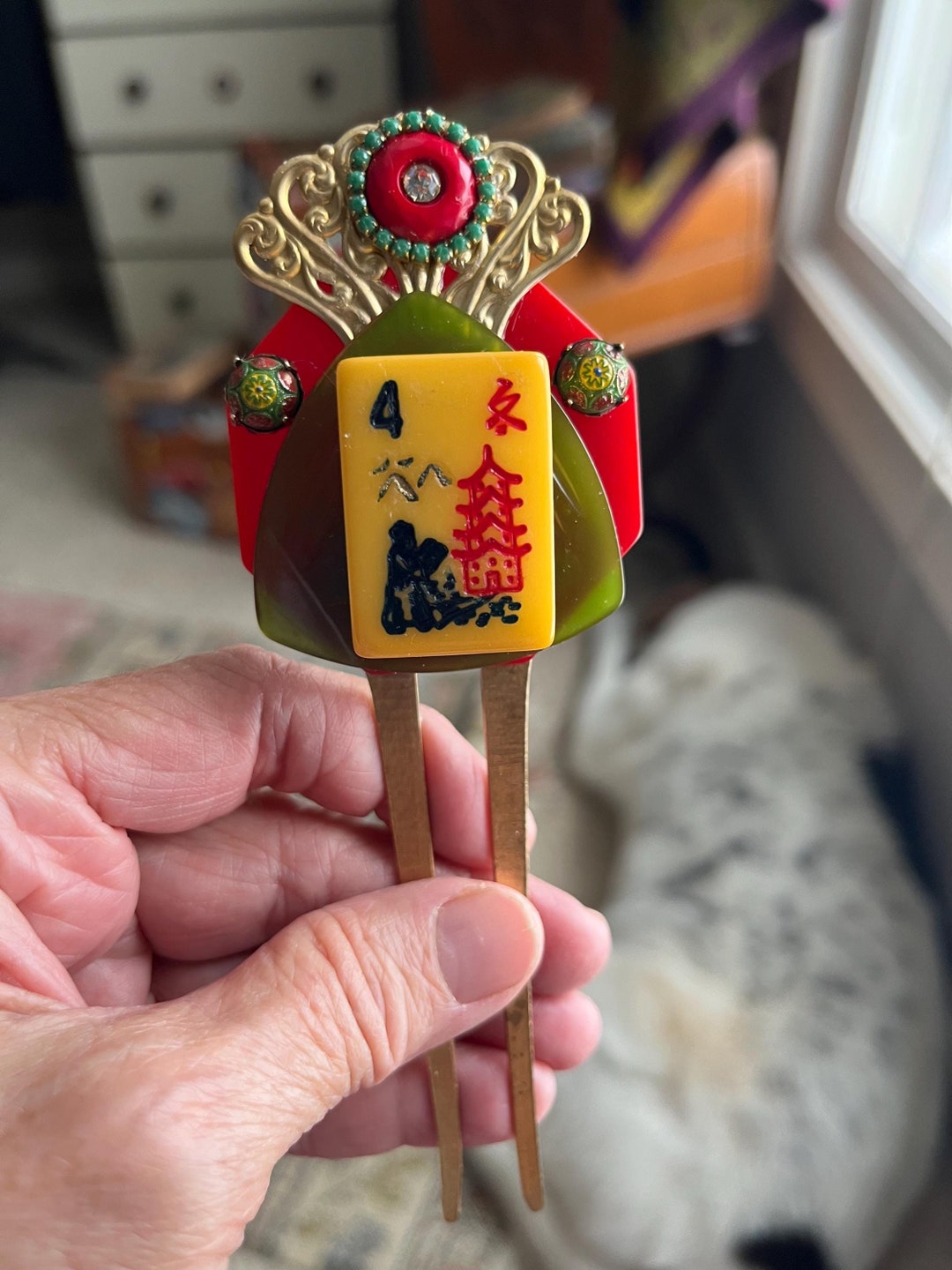 Vintage Bakelite Mah Jong Brass Hair Ornament, Avant Garde, Red and ...