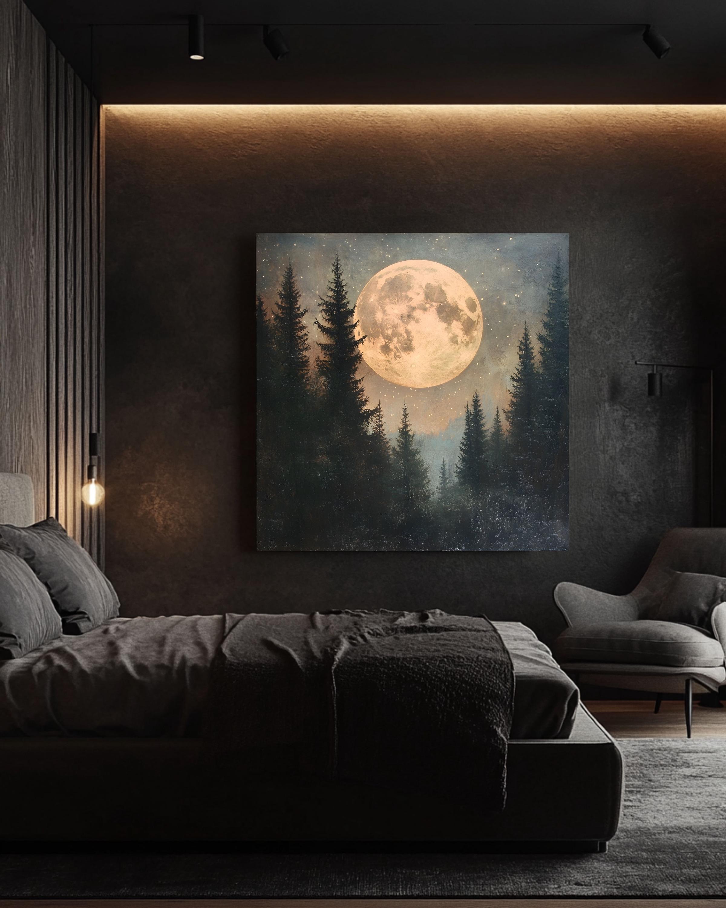 Moonlit Pine Forest Canvas: Rustic Woodland Wall Art - Etsy