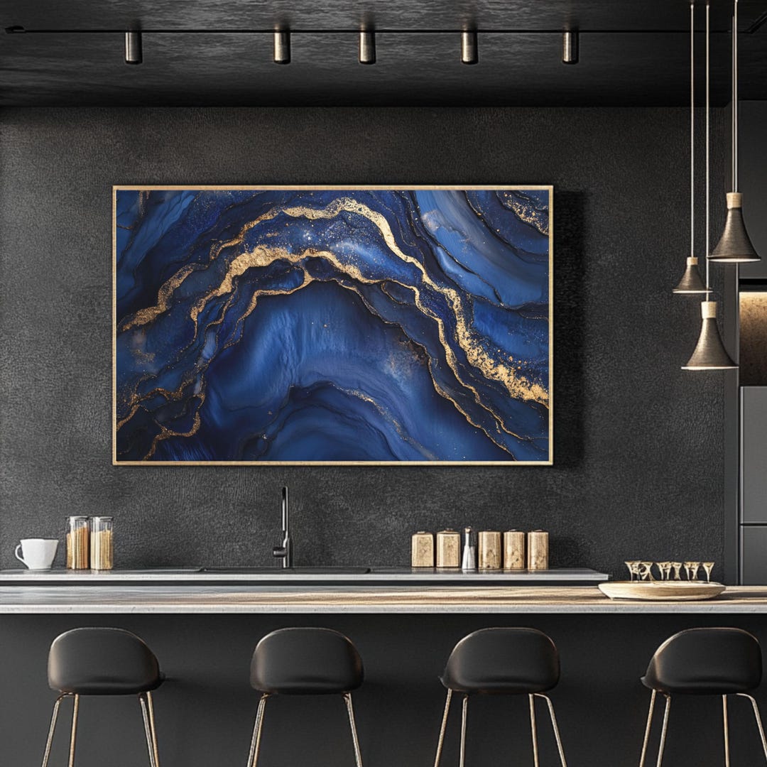 Indigo Cobalt Gold Abstract Canvas Art: Modern Textured Painting - Etsy