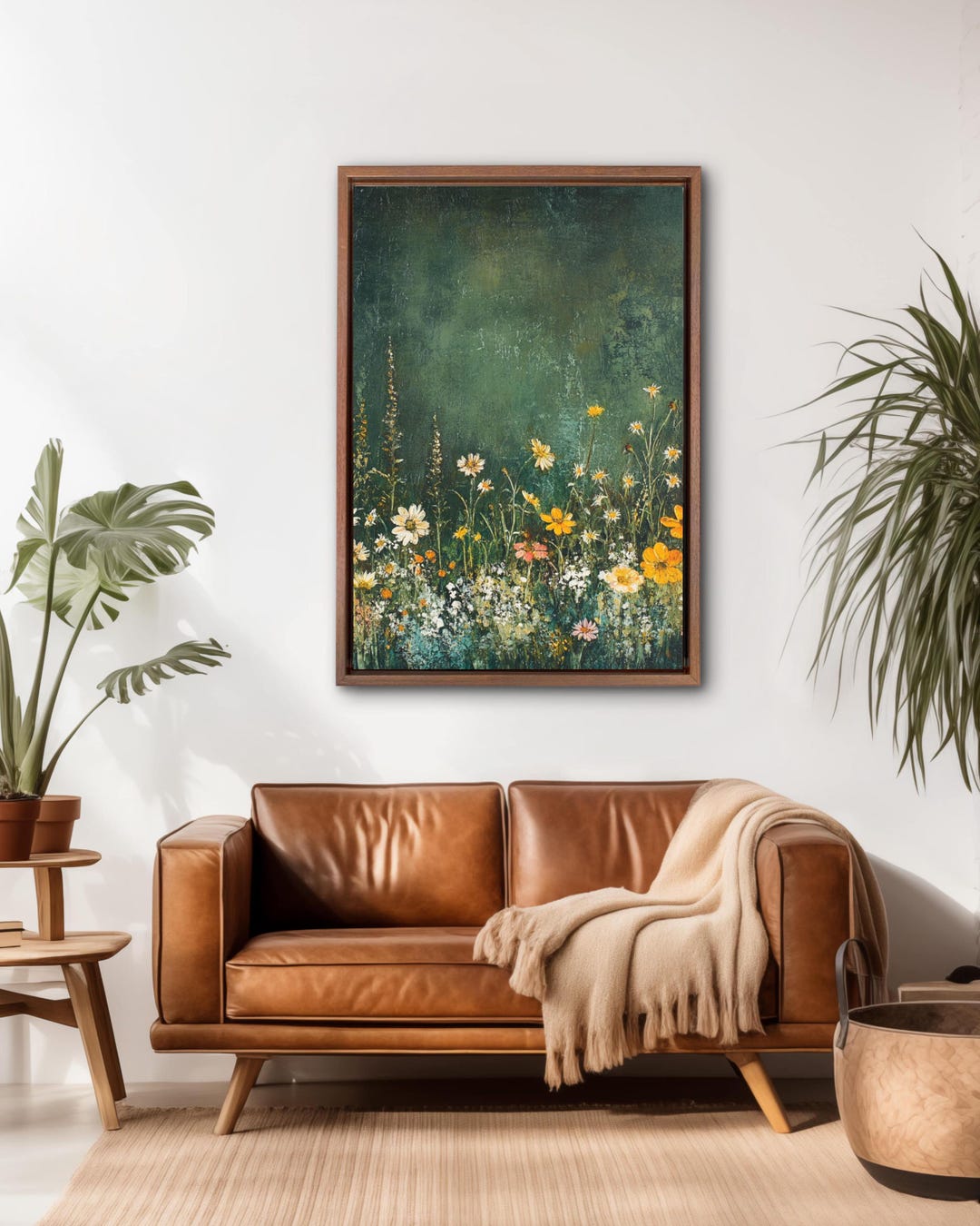Wildflowers Field Framed Wall Art, Abstract Night Sky & Moon Decor ...