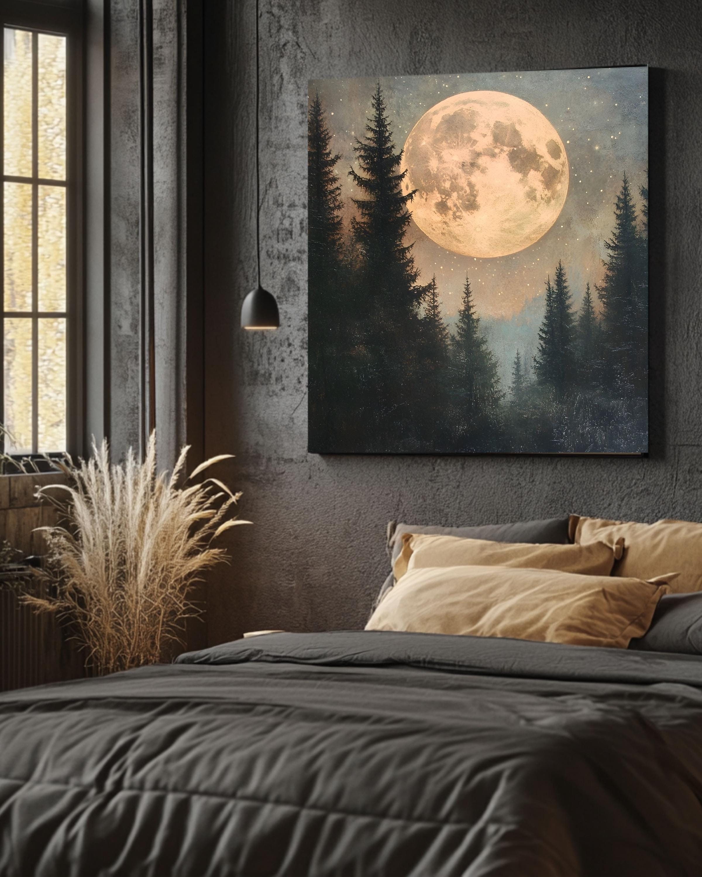 Moonlit Pine Forest Canvas: Rustic Woodland Wall Art - Etsy