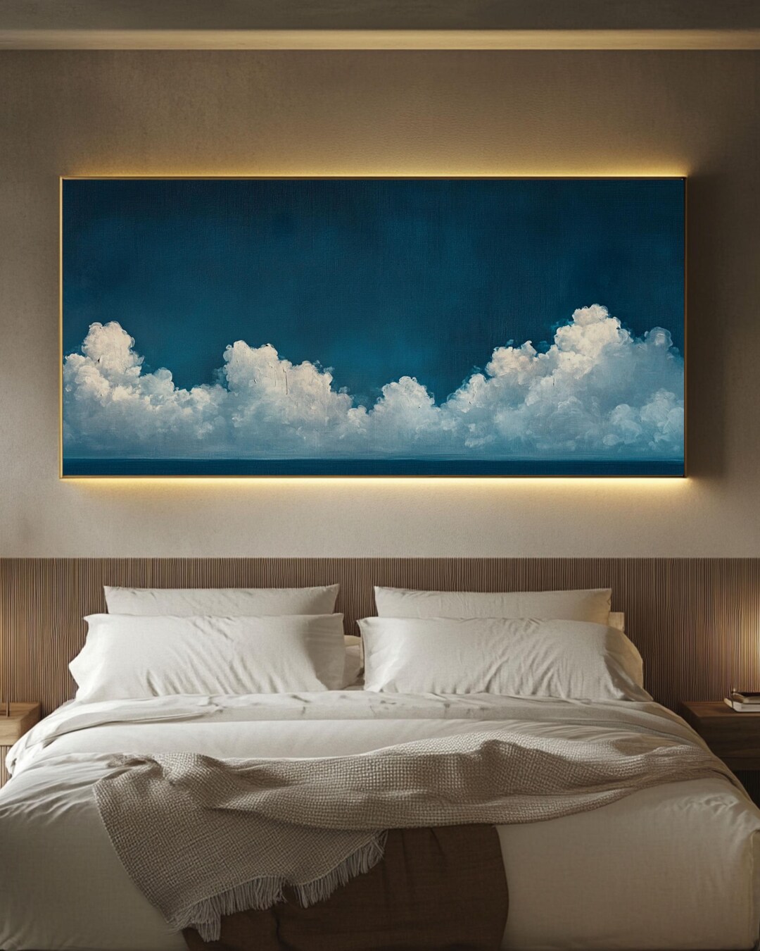 Large Cloud Art, Ultrawide Above Bed Decor, Vintage Moody Cloud Wall Art Framed, Panoramic ...
