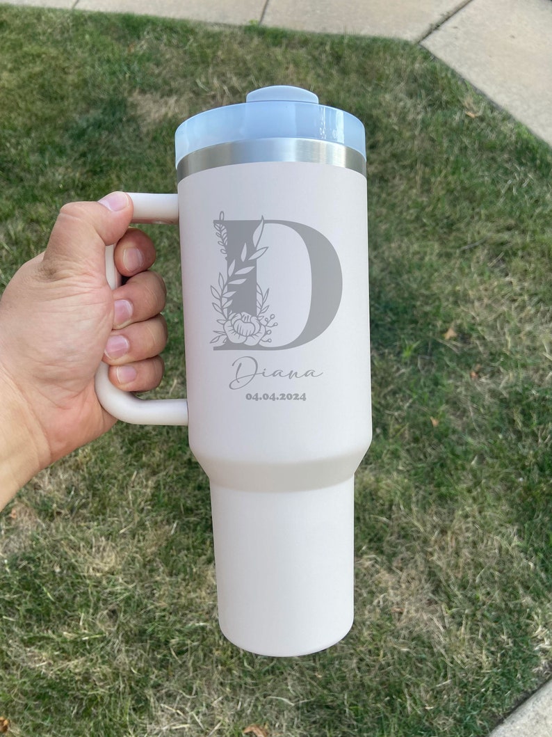 Personalized Floral Initials 40 Oz Tumbler, Custom Name Cup With Handle ...