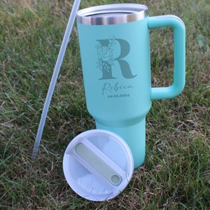 Personalized Floral Initials 40 Oz Tumbler, Custom Name Cup With Handle ...