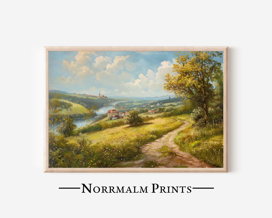 Printable Country Scenery Wall Art, Riverside Print, Landscape Painting ...