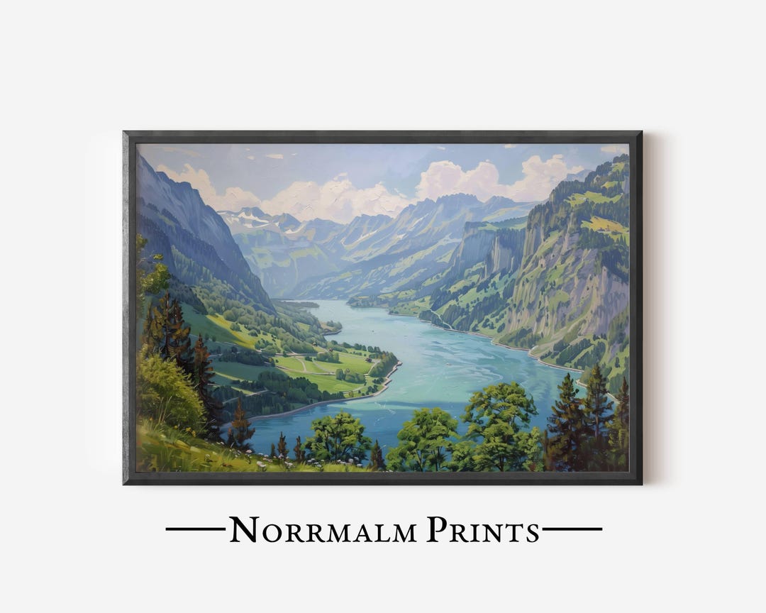 Printable River Valley Wall Art, Alpine Landscape Painting, Mountain ...