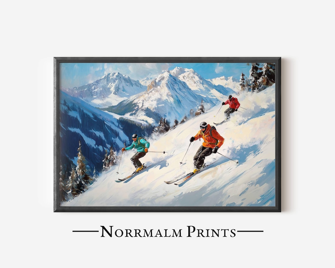 Printable Skiers Racing Down Mountain Slope Wall Art, Winter Alpine ...