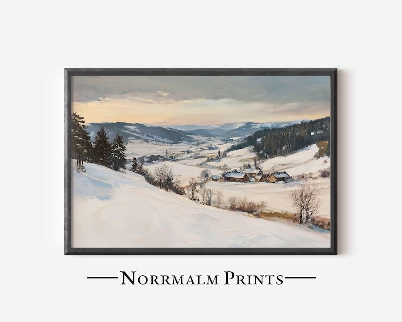 Printable Hillside Village Wall Art, Winter Landscape Print, Snow Village Art, Winter Print ...