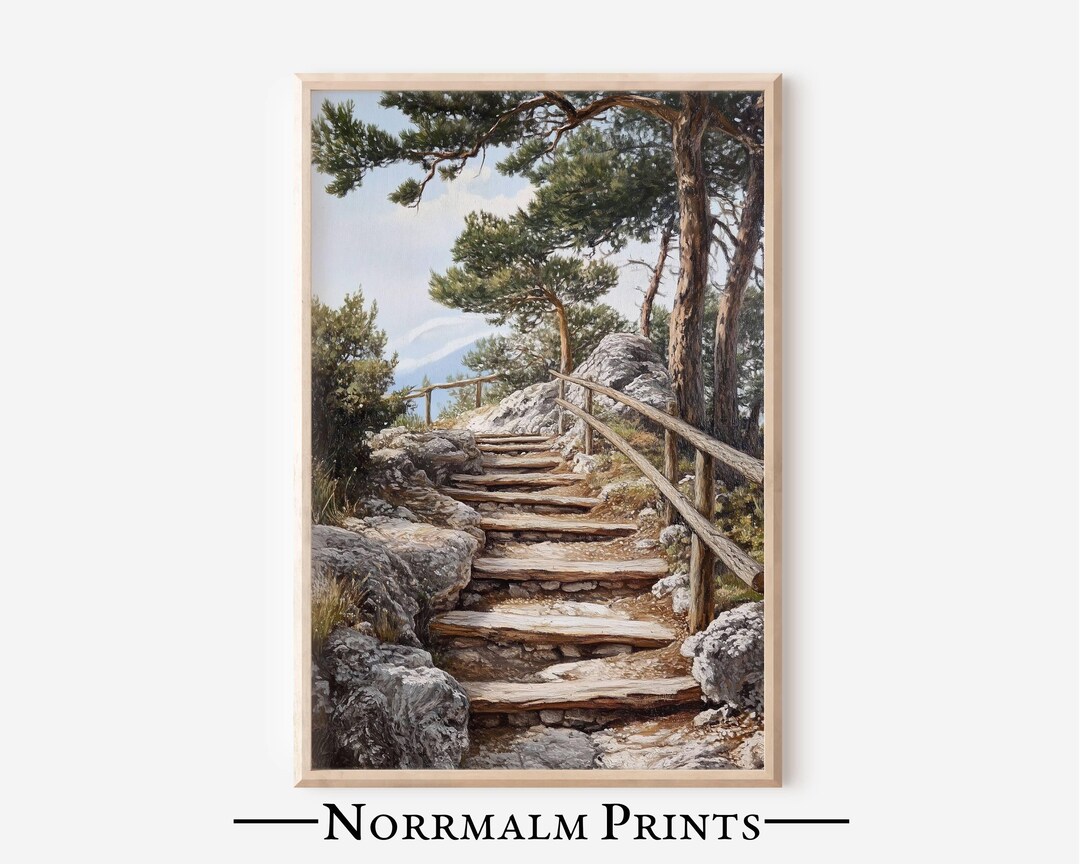 Printable Hiking Path Wall Art, Wooden Stairs Painting, Path Print ...