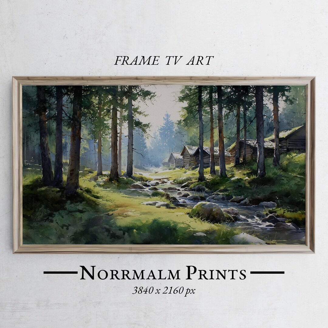 Norwegian Forest Landscape for Frame TV: Wooden Cabins & Stream ...