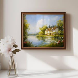 Printable Riverside Wall Art, Country House Print, Landscape Painting ...