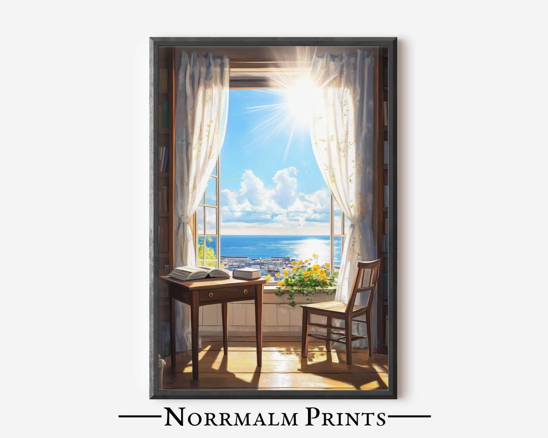 Printable Ocean View Wall Art, Study Room Print, Books on a Table Print ...