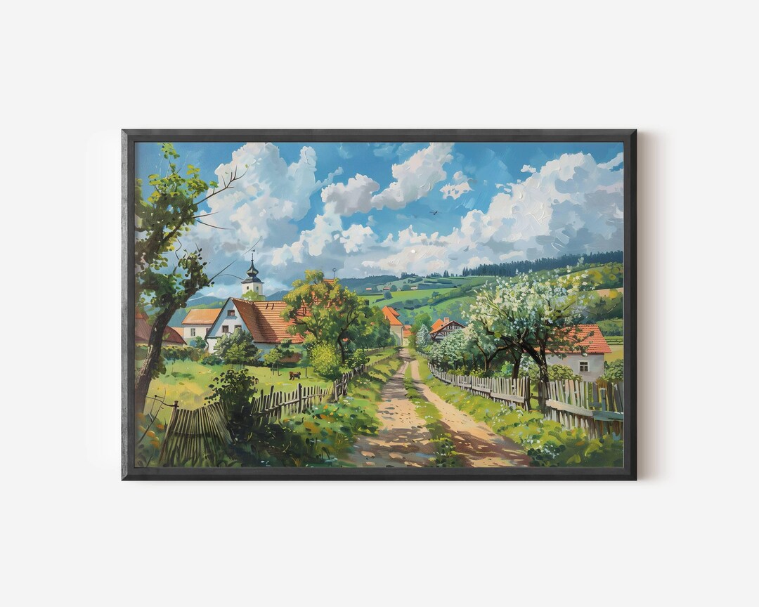 Printable Village Wall Art, Landscape Painting, Rustic Charm Print ...