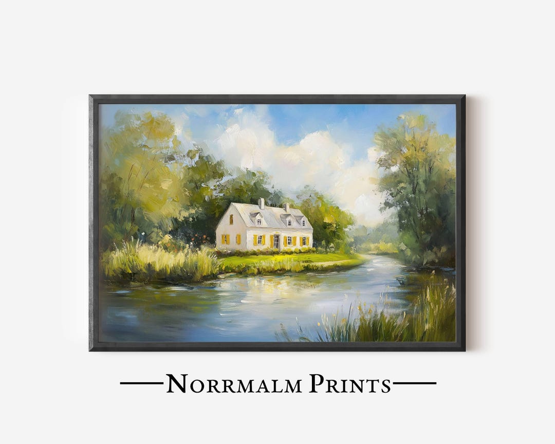 Printable Riverside Wall Art, Country House Print, Landscape Painting ...