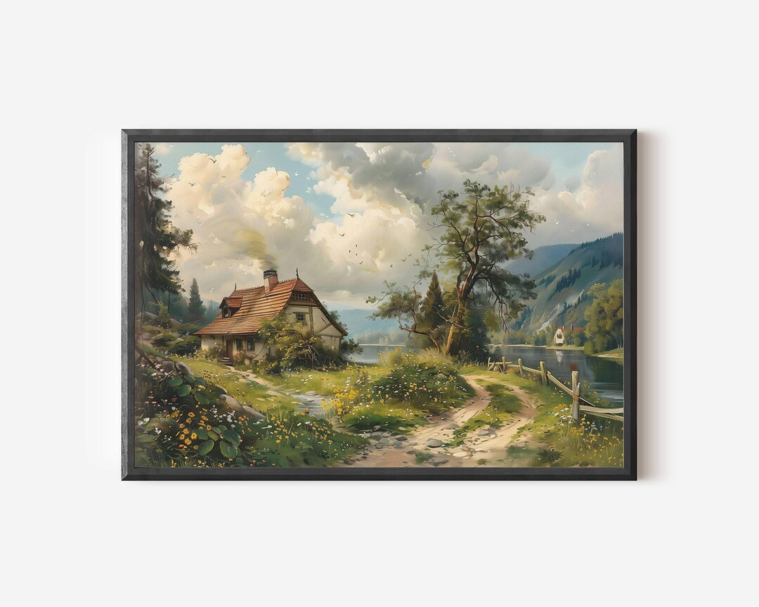Printable Riverside Wall Art, Landscape Painting, Country Scenery Print ...