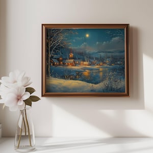 Printable Winter Village Wall Art, Christmas Painting, Lakeside Print, Snowy Village Print ...