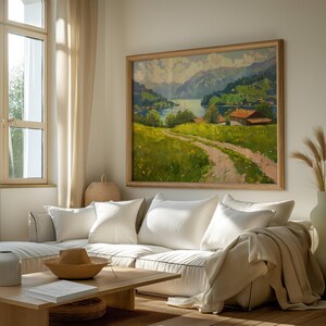 Printable Alpine Scenery Wall Art, Mountain Landscape Painting, River ...