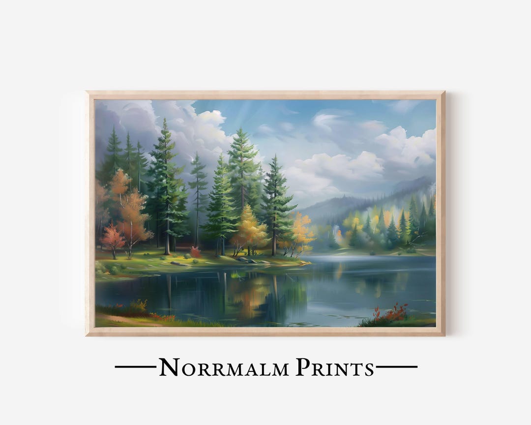 Printable Lakeside Wall Art, Landscape Painting, Forest Print, Autumn ...