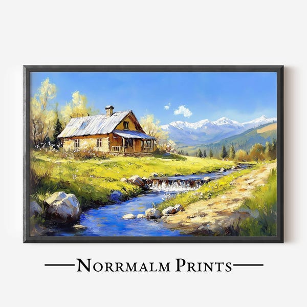 Printable Mountain Scenery Wall Art, Country Landscape Painting, Steam ...