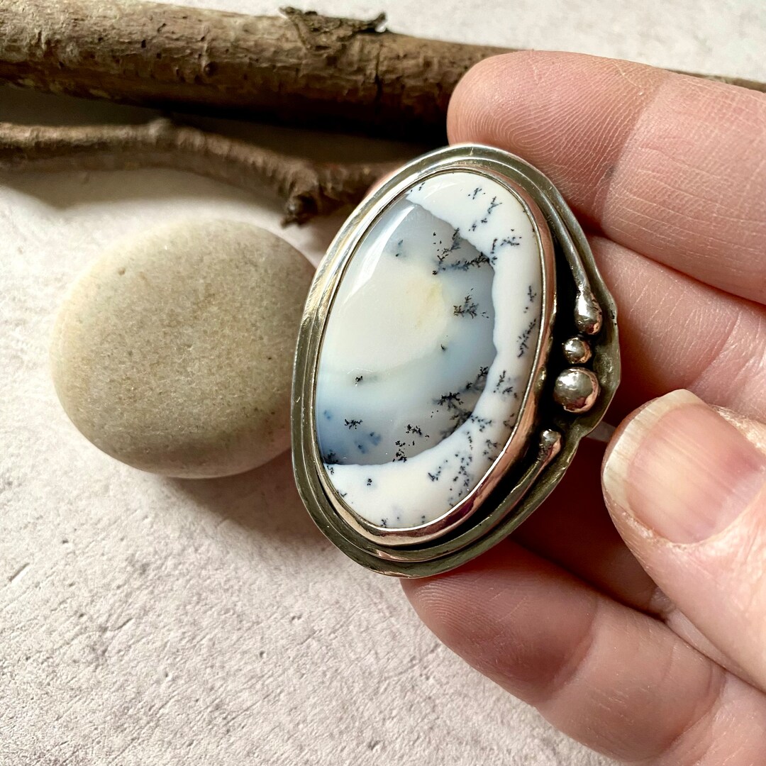Merlinite Dendritic Agate Black White Large Size Silver Artisan Ring - Etsy