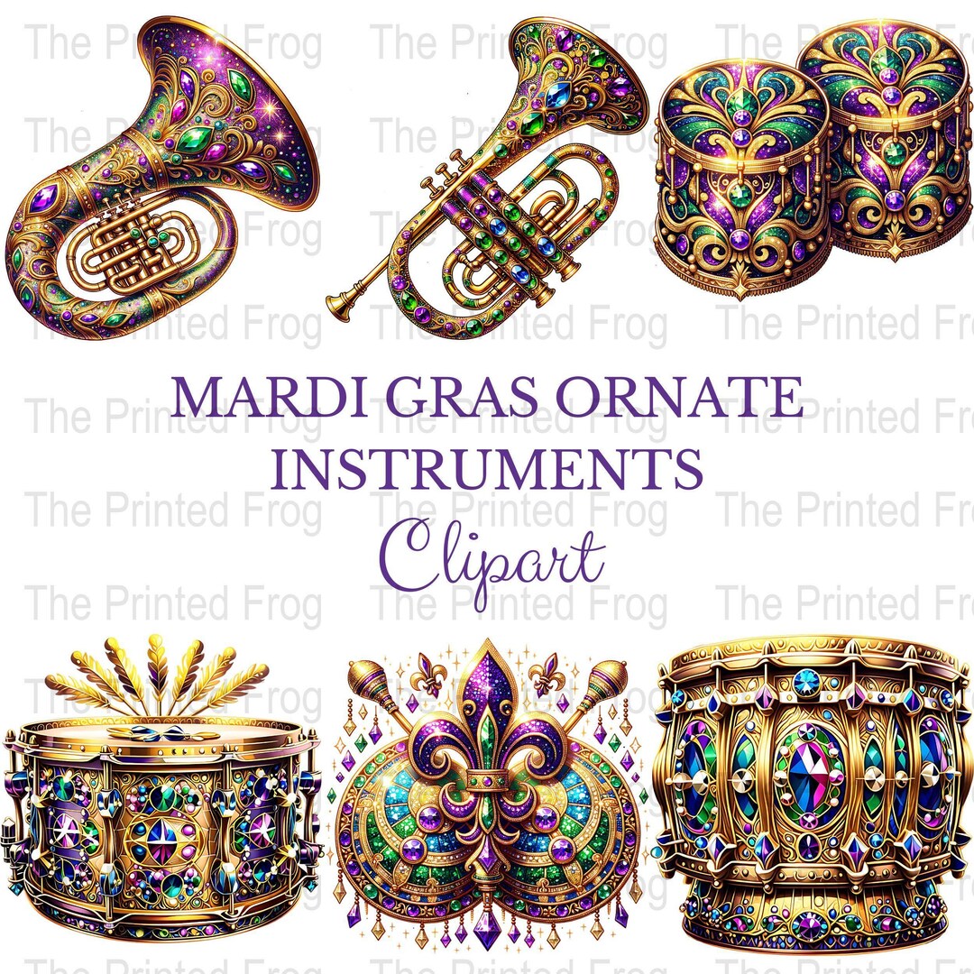 6 Mardi Gras Ornate Instruments Clipart Set, Festival Clipart, Fantasy ...