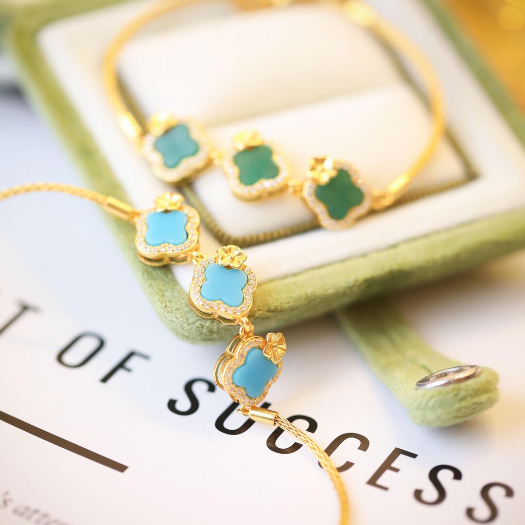 Turquoise Four Leaf Clover Bracelet: Gold Plated Sterling Silver - Etsy