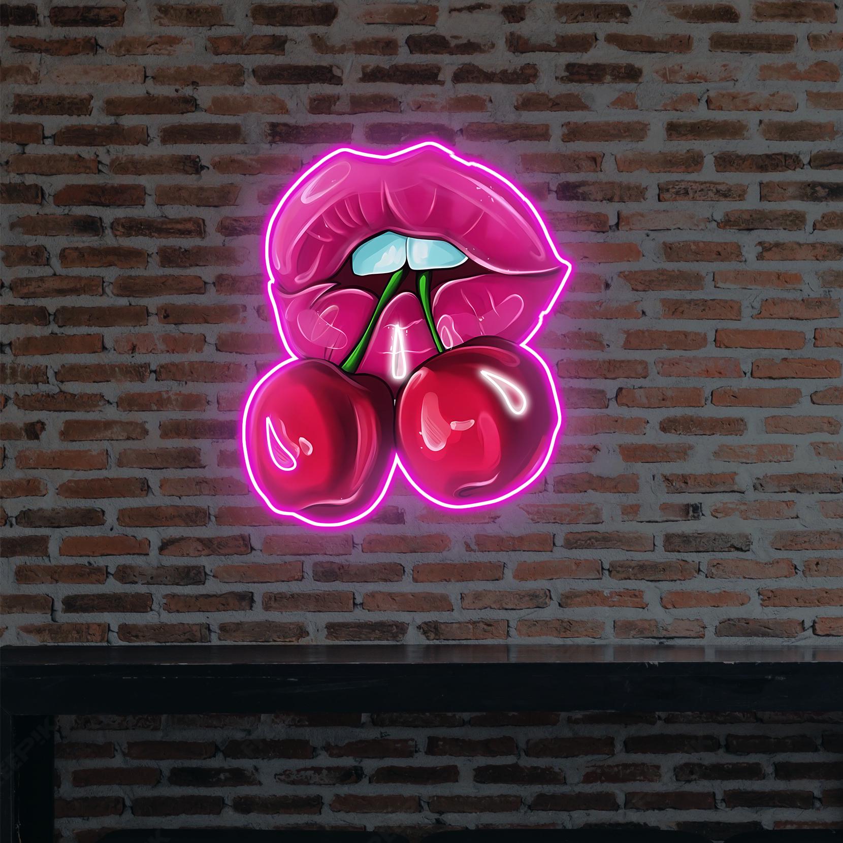 Lips and Cherry Neon Sign, Red Lips Neon Sign, Bar Decor Party, Girl ...