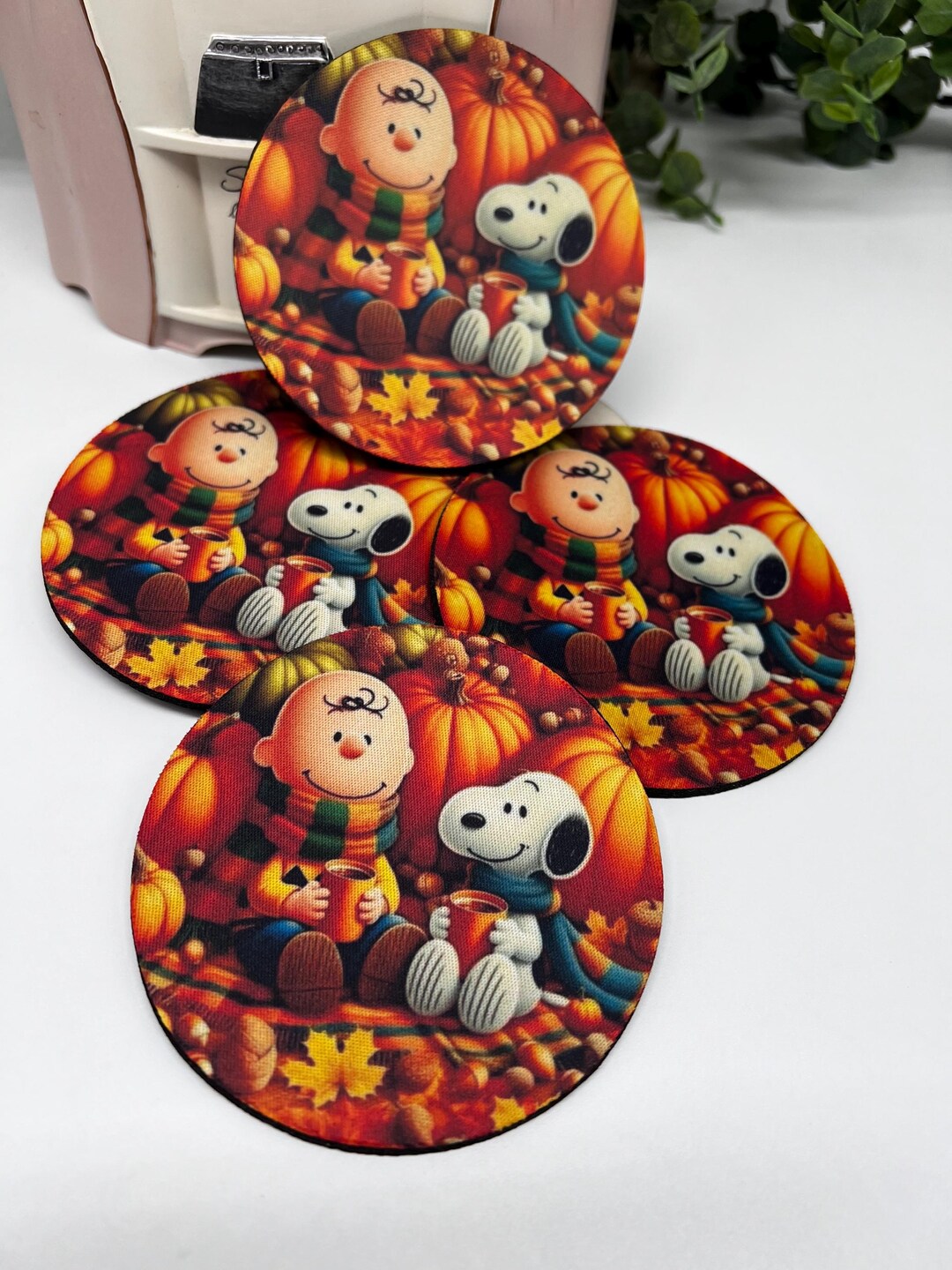 Snoopy and Charlie Brown Pumpkin Coaster Set - Etsy
