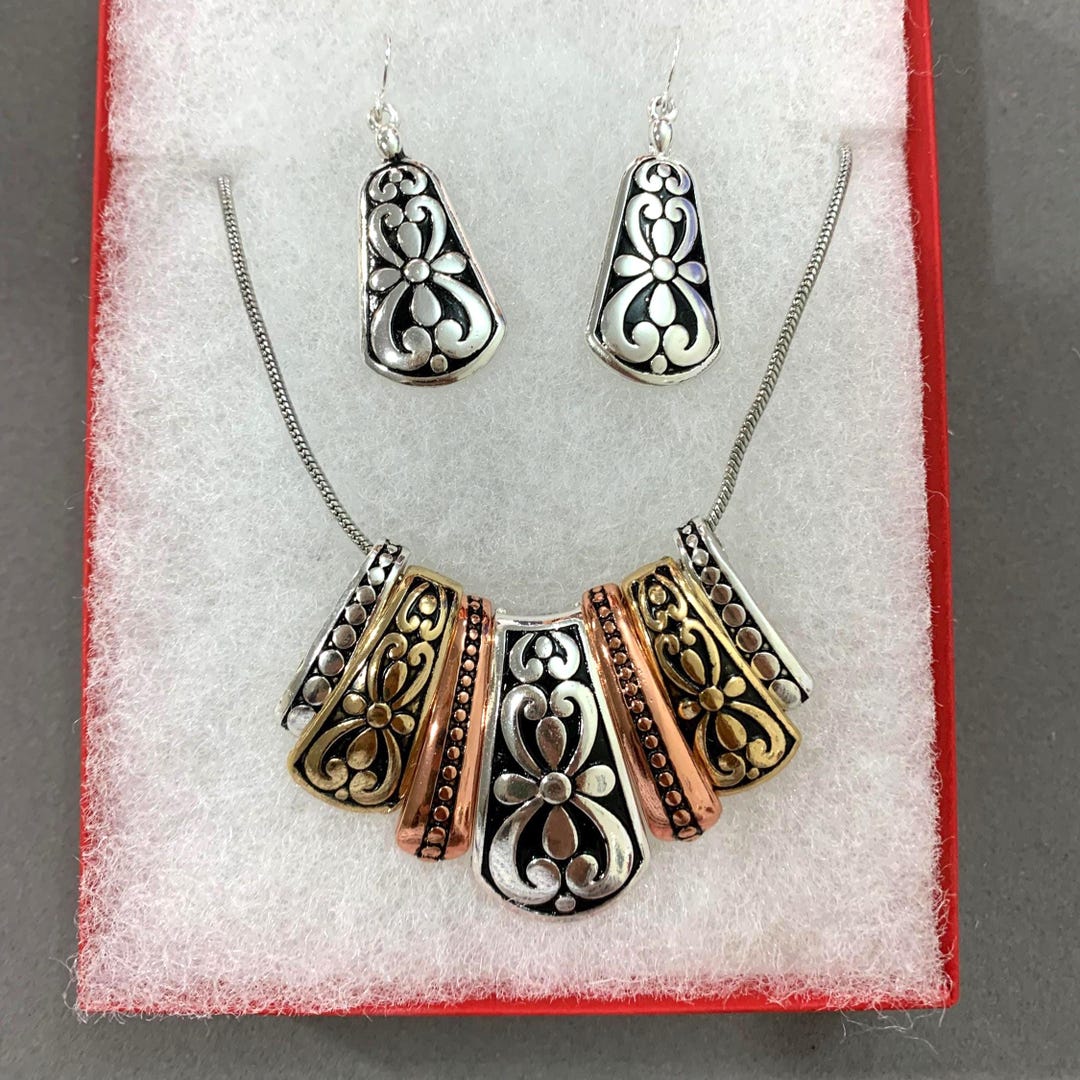 Brighton*style Inspired Etched Multi Bar Necklace Earring Set Antique ...