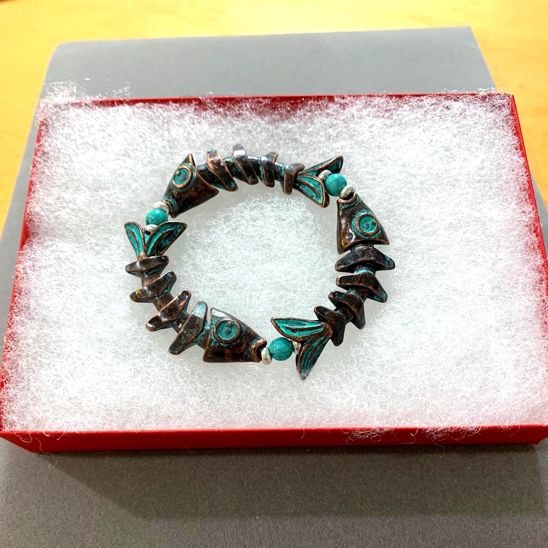 Patina*fish Bone Bracelet Fish Bone Jewelry Stretch Bracelet Fish ...