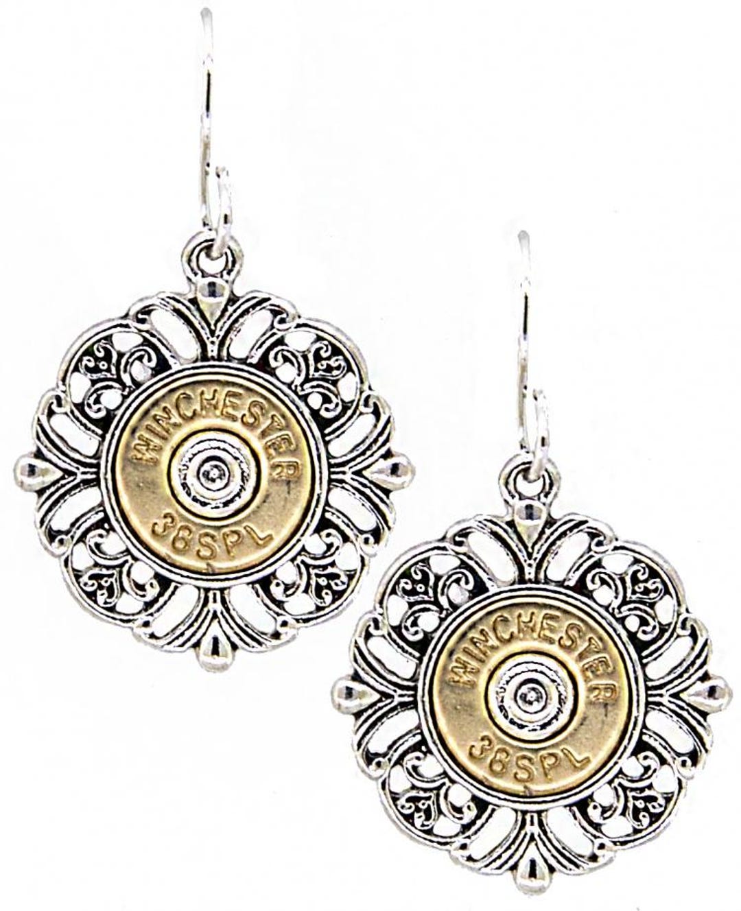 Filigree Bullet Earrings Shotgun Winchester 38SPL Pistol Gun Patina ...