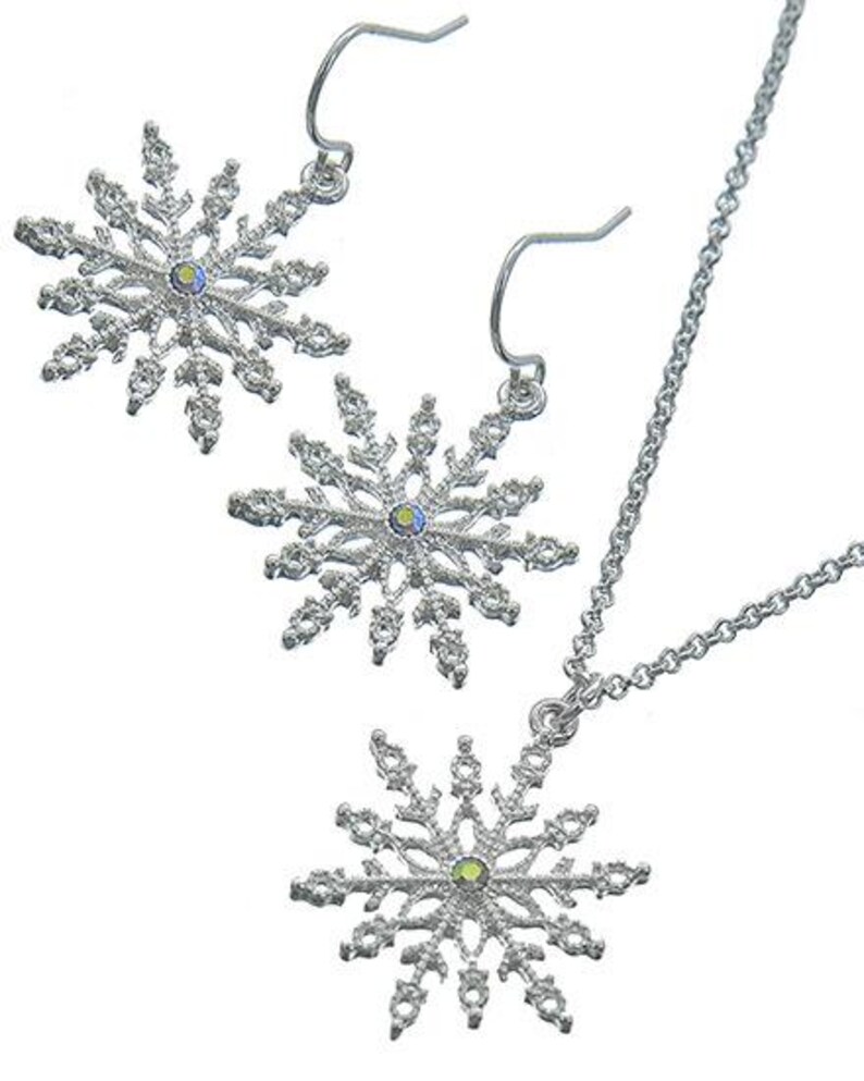 Snowflake*jewelry Set, Rhinestone Crystal, Holiday Necklace & Earrings ...
