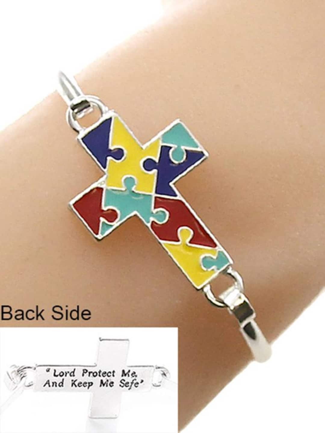 Autism Awareness Puzzle Bangle, Sterling Silver Plated Cross 71o5 - Etsy